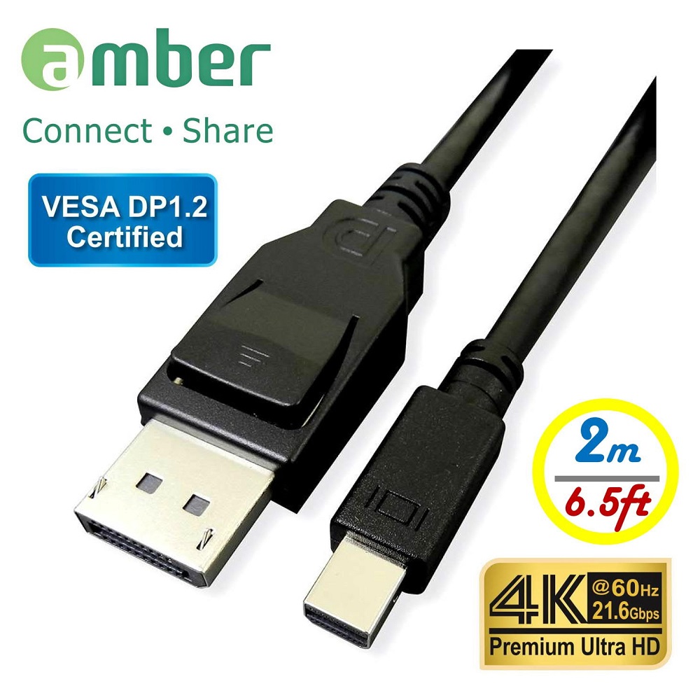 amber VESA DisplayPort 1.2 Certified Cable mini DP male to DP male,2m（6 ...