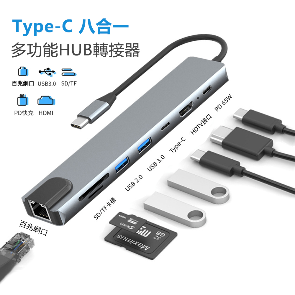 BASEE Type-C 八合一多功能HUB轉接器 充電傳輸擴充集線器 PD快充 HDMI轉接 網路轉換器 USB3.0轉接頭 - PChome 24h購物