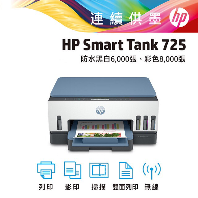 HP 惠普 Smart Tank 725 三合一多功能 自動雙面無線連供印表機 - PChome 24h購物