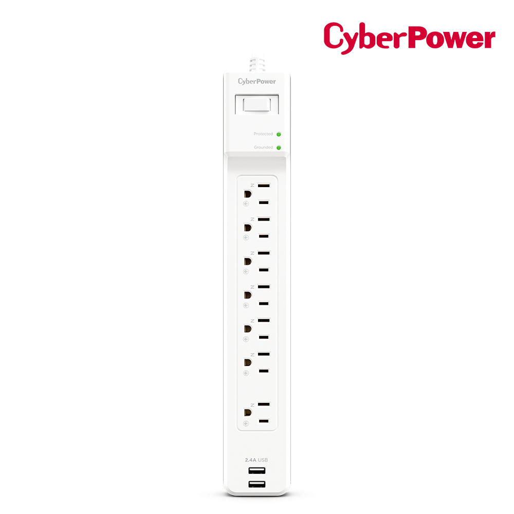CyberPower 防突波 7插座 2USB充電延長線 白(P0718UB0-TW) - PChome 24h購物