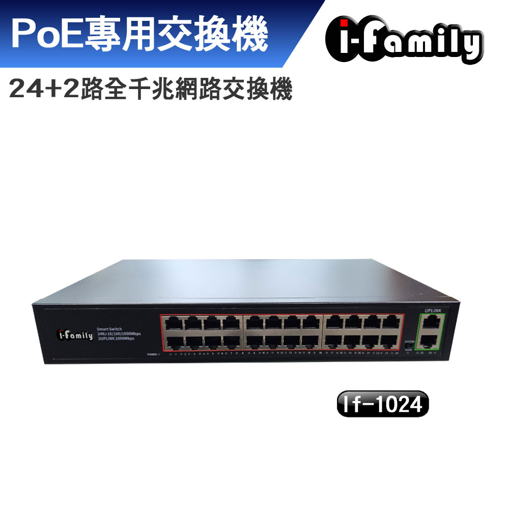 【宇晨I-Family】IF-1024 24+2埠 全千兆 PoE供電 超高速乙太網路供電交換器 - PChome 24h購物