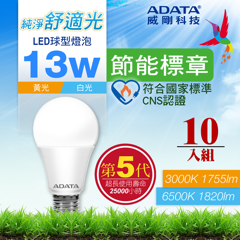 ADATA 威剛 13W 第五代 節能標章 LED球型燈泡(10入) - PChome 24h購物