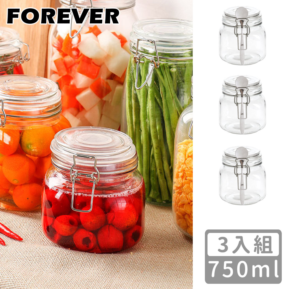 【日本FOREVER】扣式密封玻璃儲存罐(附湯匙)750ml-3入組 - PChome 24h購物