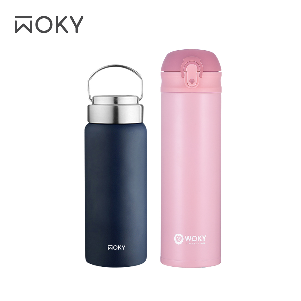 【WOKY 沃廚-買1送1】提手輕芯鈦瓷易潔層保溫瓶500ml-夜幕藍+彈蓋不鏽鋼保溫瓶500ml-粉色 - PChome 24h購物