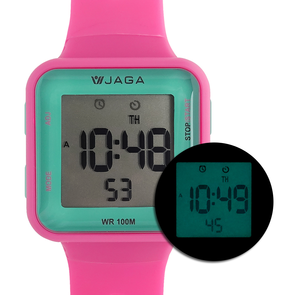 JAGA 捷卡 / M1215-GF / 方型電子 計時 鬧鈴 防水100米 透氣矽膠手錶 粉綠色 32mm - PChome 24h購物