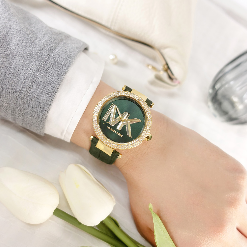 MICHAEL KORS / MK4724 / 經典大LOGO 晶鑽奢華 日本機芯 壓紋真皮手錶 綠x金框 39mm - PChome 24h購物