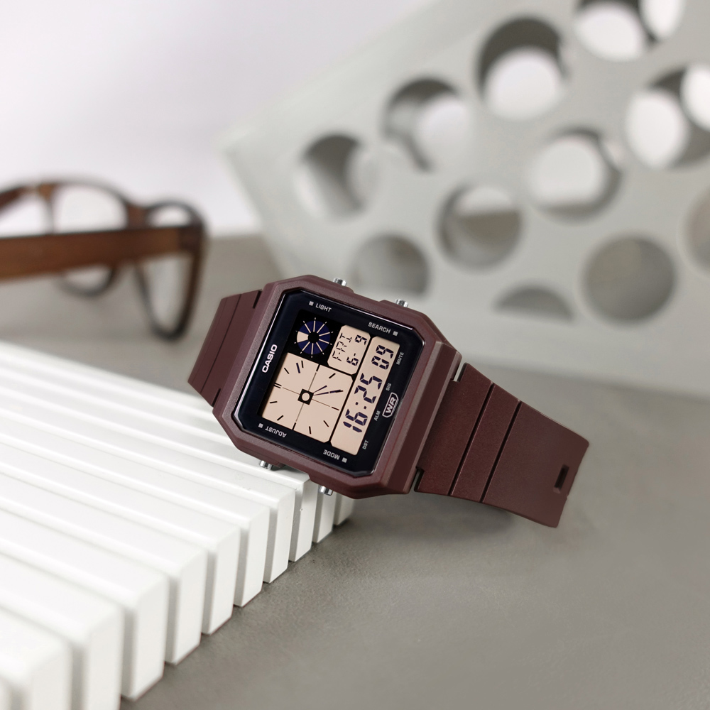 CASIO / LF-20W-5A / 卡西歐 經典復古 方形造型 雙顯 電子數位 橡膠手錶 深咖啡色 33mm - PChome 24h購物