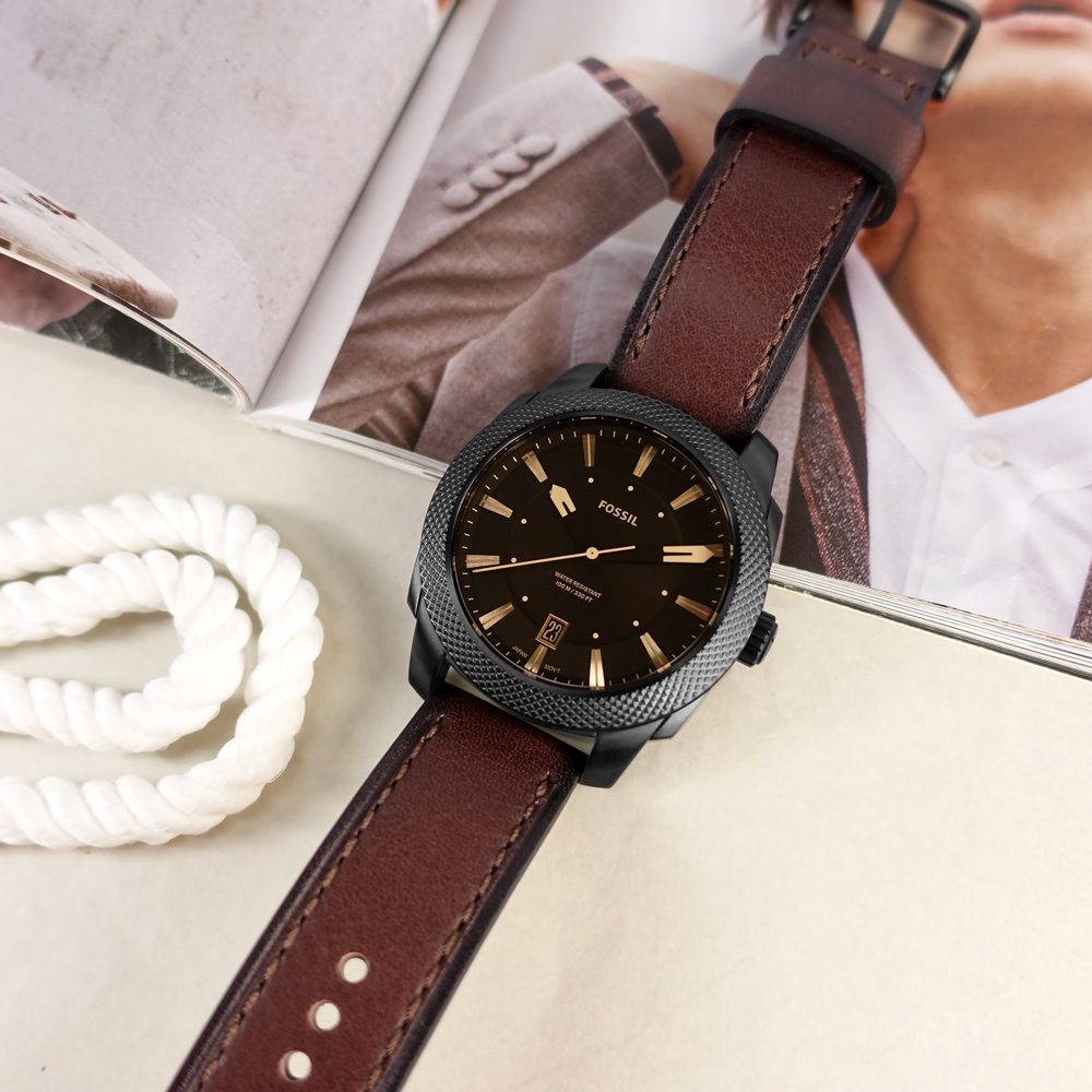 FOSSIL / FS5972 / 簡約復古 日期 防水100米 真皮手錶 深咖啡x黑框 49mm - PChome 24h購物