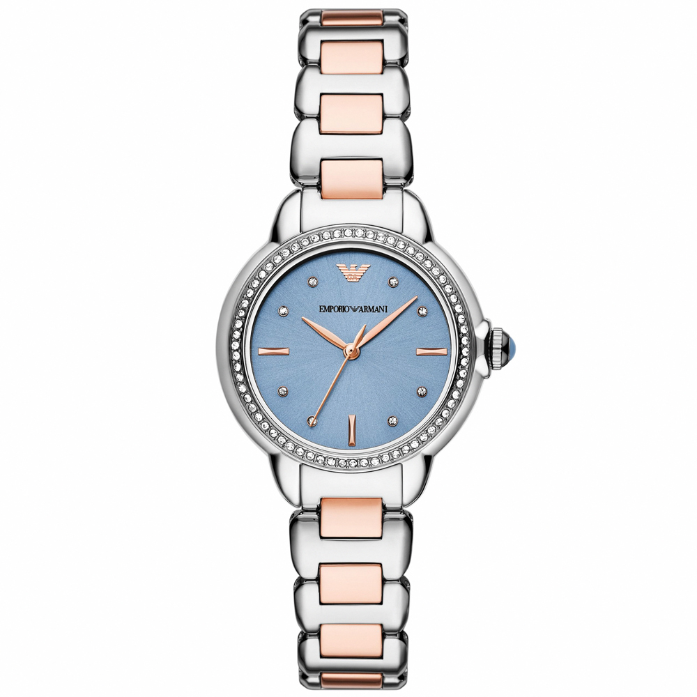 【EMPORIO ARMANI】亞曼尼 公司貨 Mia 晶鑽優雅之選雙色不鏽鋼腕錶/銀x藍面(AR11597) - PChome 24h購物