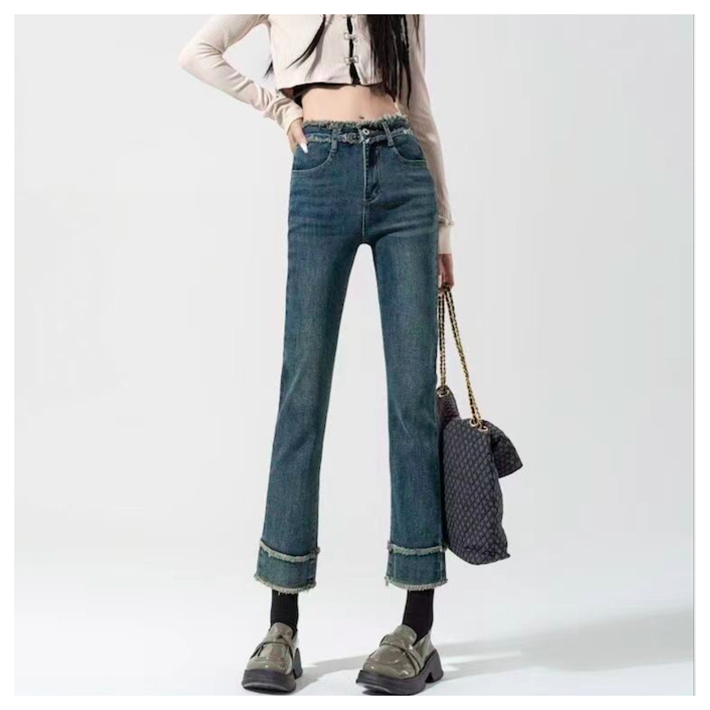 SCL 南加州丹寧 中大服飾 女裝 顯瘦刷色毛邊造型彈性九分靴型牛仔褲 S-2XL 現+預 - PChome 24h購物