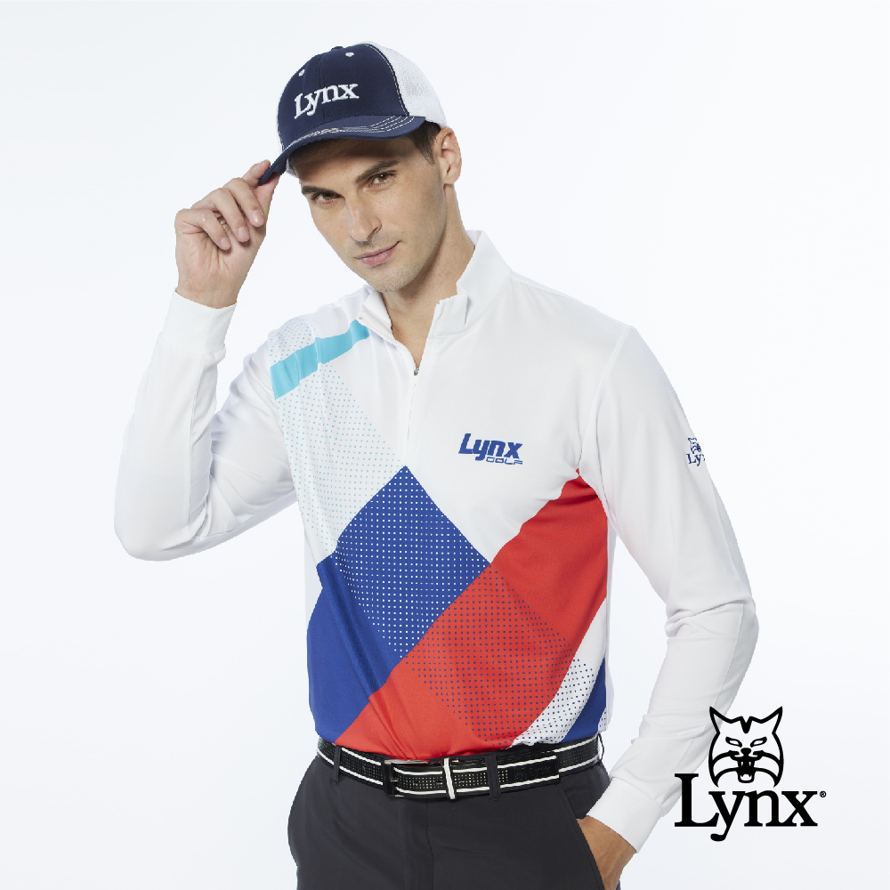 【Lynx Golf】男款吸濕排汗流線感跳色印花長袖立領POLO衫/高爾夫球衫-白色 - PChome 24h購物