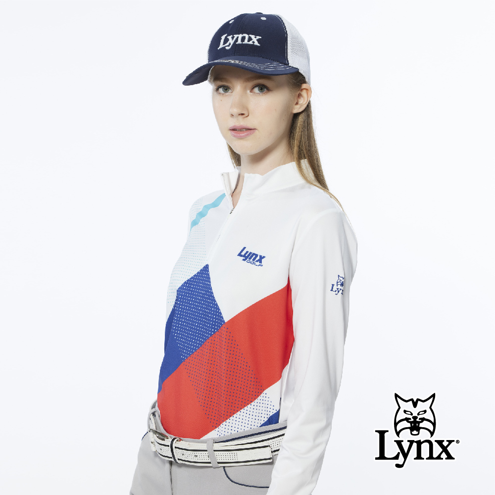 【Lynx Golf】女款吸溼排汗流線感跳色印花長袖立領POLO衫/高爾夫球衫-白色 - PChome 24h購物