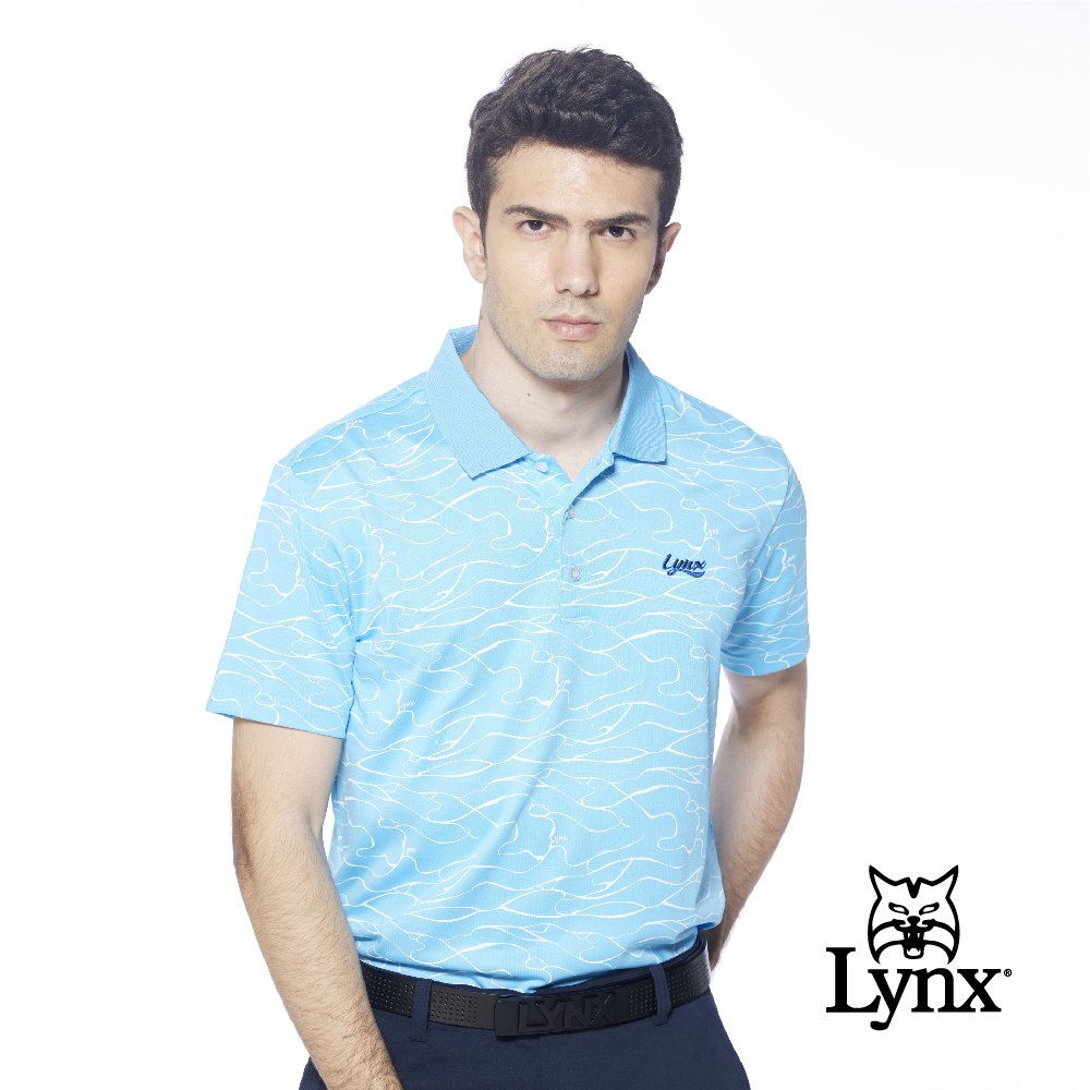 【Lynx Golf】男款吸溼排汗機能羅紋領設計滿版水波圖樣印花短袖POLO衫-淺藍色 - PChome 24h購物
