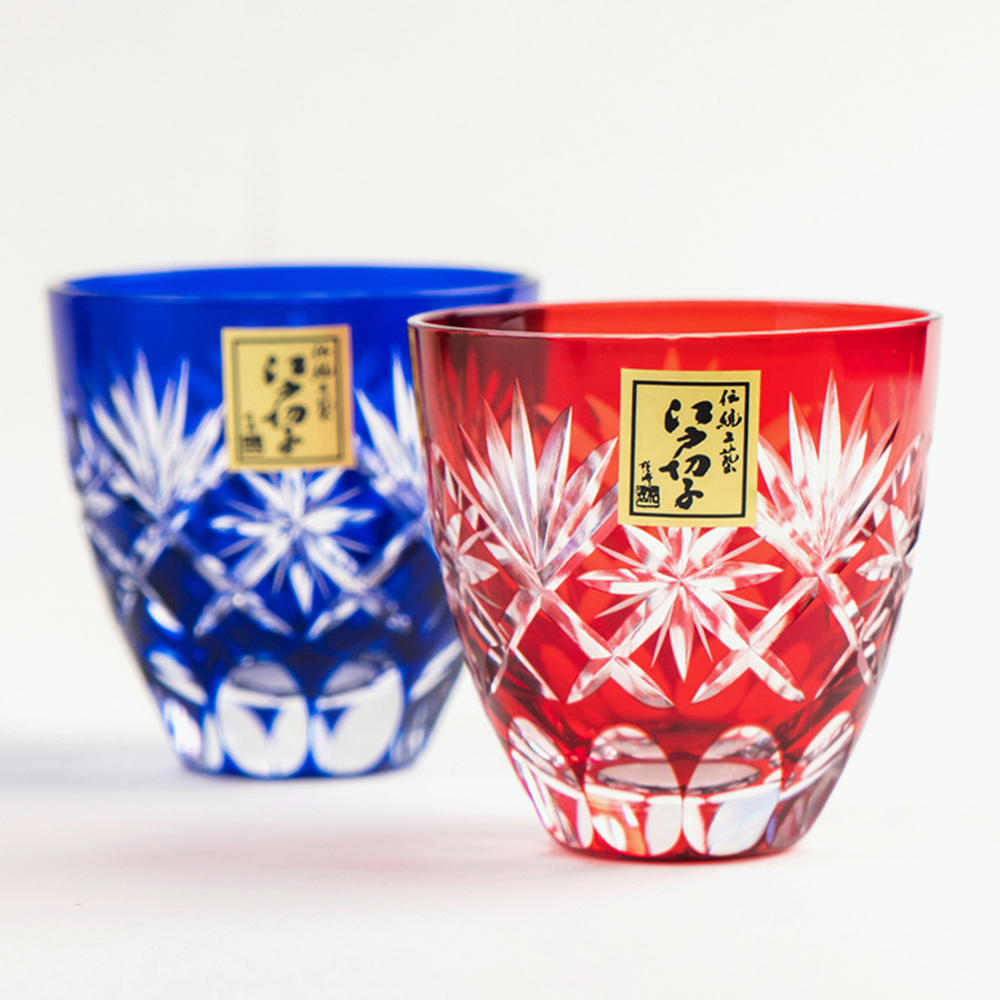 【田島硝子】日本製 星紋小酒杯 2入禮盒組 江戶切子 玻璃杯 朱紅色×琉璃色(TG98-203-2) - PChome 24h購物