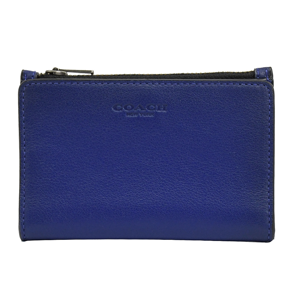 COACH 79382 壓印LOGO皮革對開卡夾零錢包.藍 - PChome 24h購物