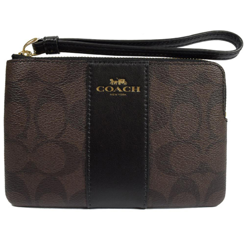 COACH 58035 馬車LOGO條紋皮革PVC零錢手拿包.深咖/黑 - PChome 24h購物