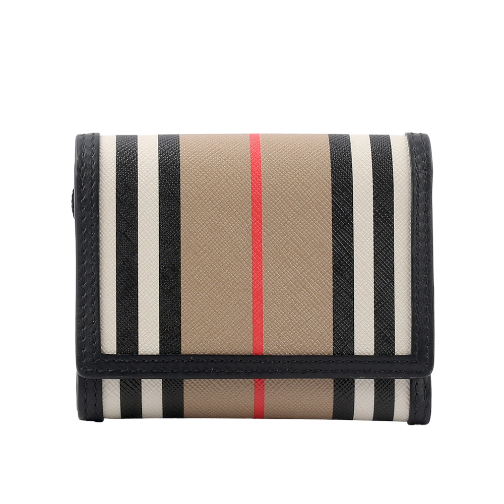 BURBERRY 經典條紋塗層帆布及牛皮三折短夾(黑色/經典米色) 80730821 - PChome 24h購物