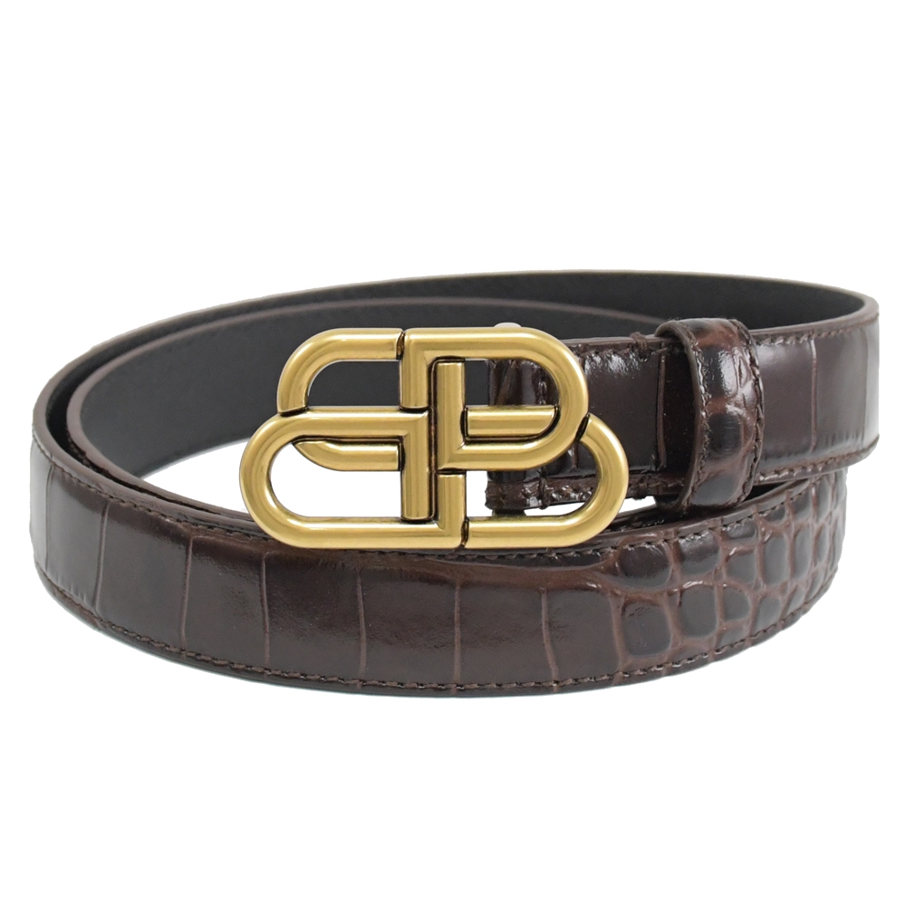 BALENCIAGA 巴黎世家 581690 復古BB LOGO鱷魚壓紋針扣皮帶.深棕 - PChome 24h購物