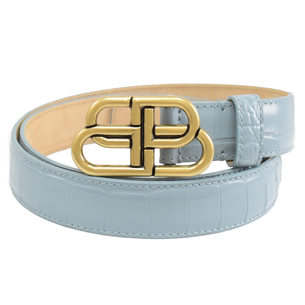 BALENCIAGA 巴黎世家 581690 復古BB LOGO鱷魚壓紋針扣皮帶.淺藍 - PChome 24h購物