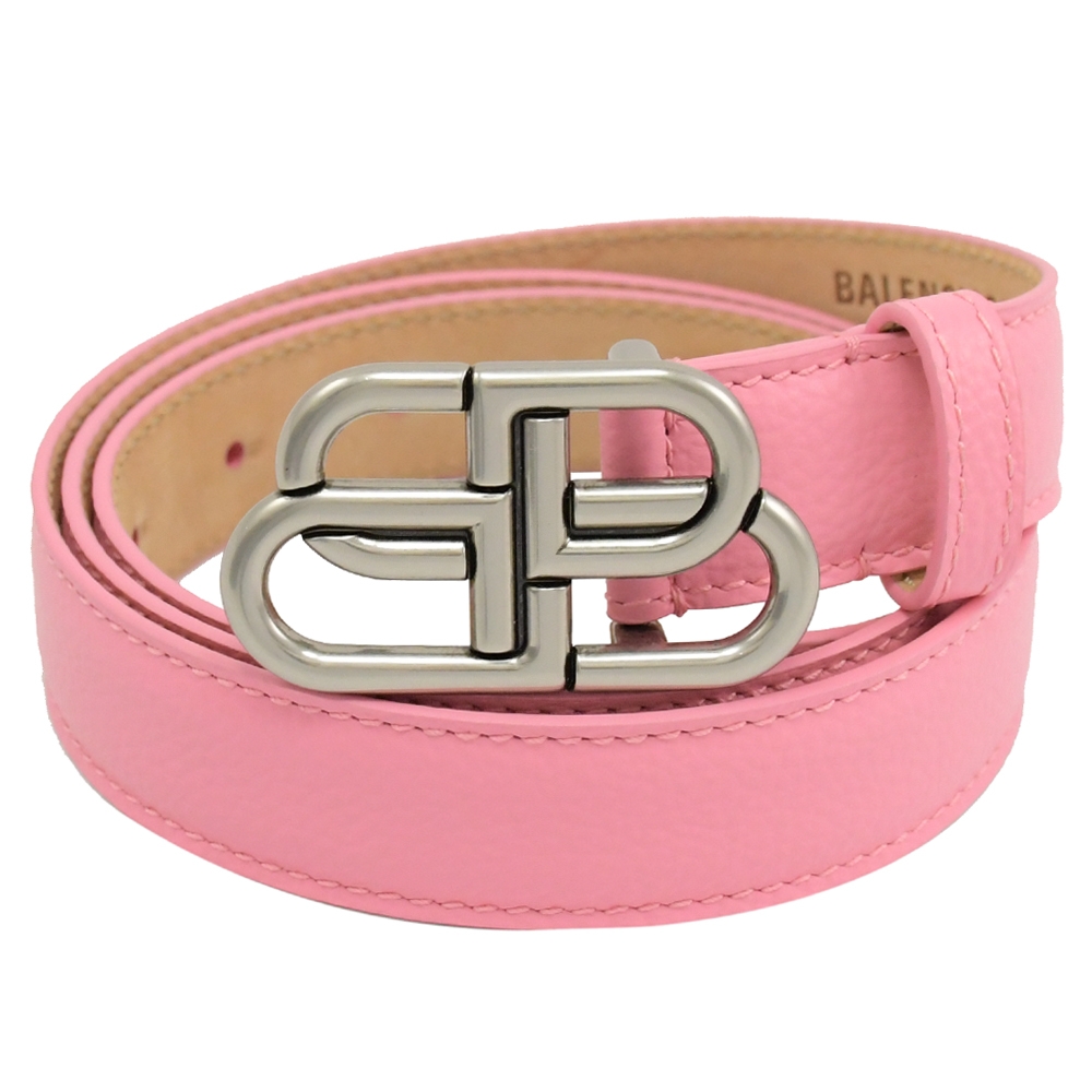 BALENCIAGA 巴黎世家 581690 復古BB LOGO荔枝牛皮紋針扣皮帶.亮粉 - PChome 24h購物
