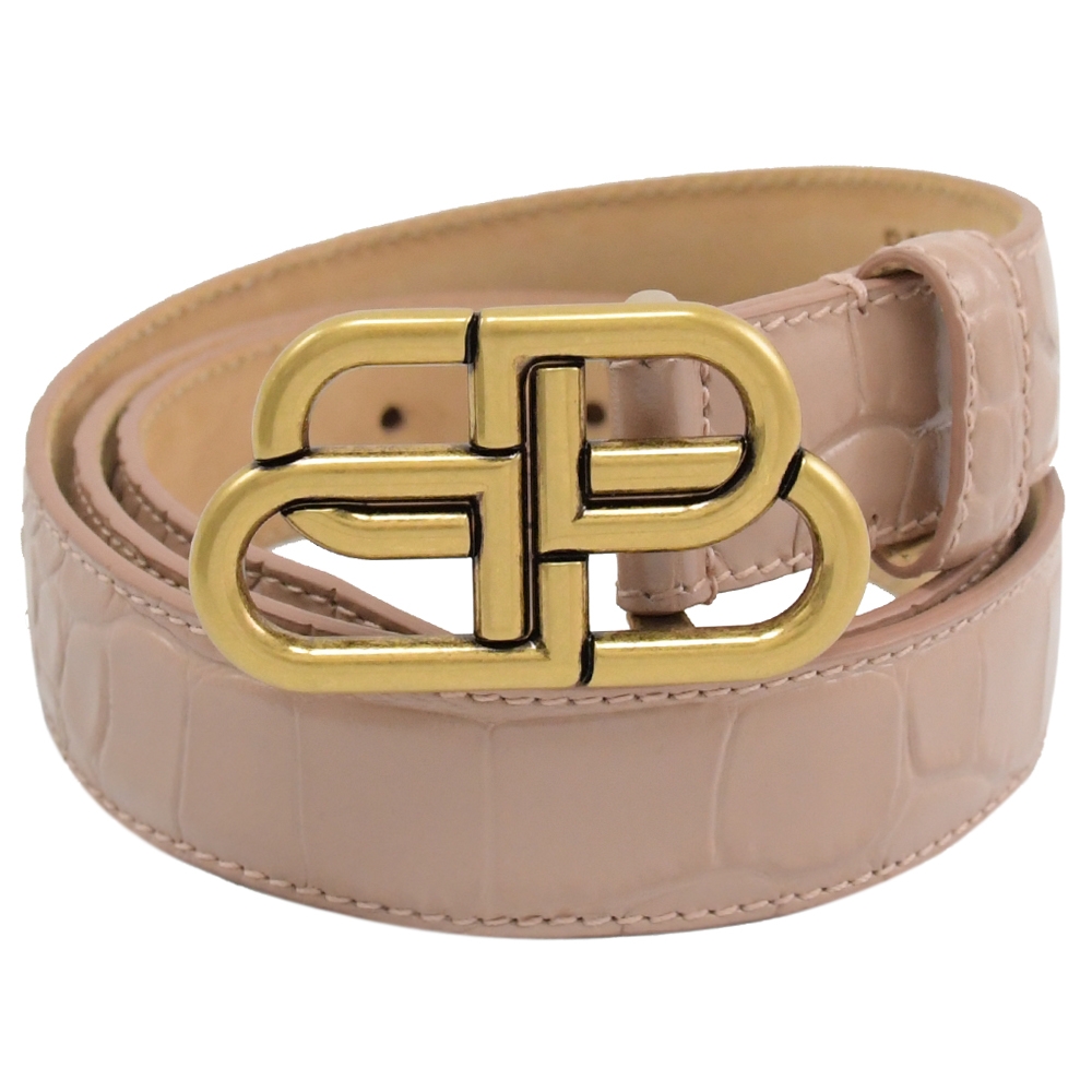 BALENCIAGA 巴黎世家 581690 復古BB LOGO鱷魚壓紋針扣皮帶.裸粉 - PChome 24h購物