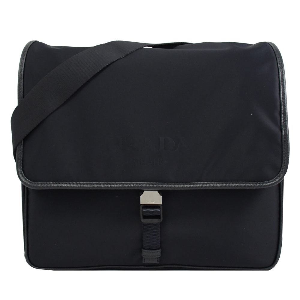 PRADA 2VD166 經典大LOGO烙印尼龍皮飾邊斜背包.深藍 大 - PChome 24h購物