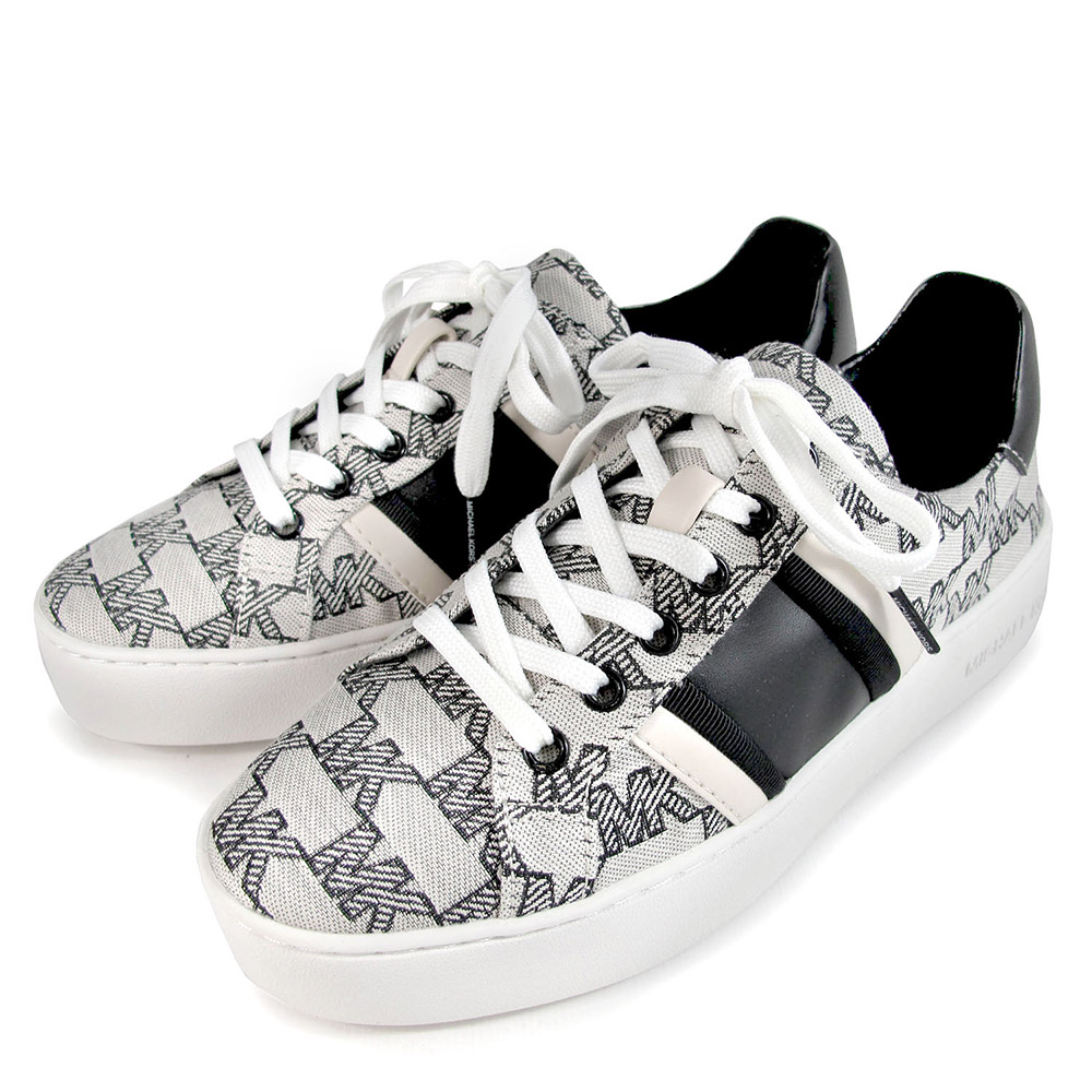 MICHAEL KORS LACE UP 滿版緹花Logo米X黑色皮革條飾休閒鞋 - PChome 24h購物