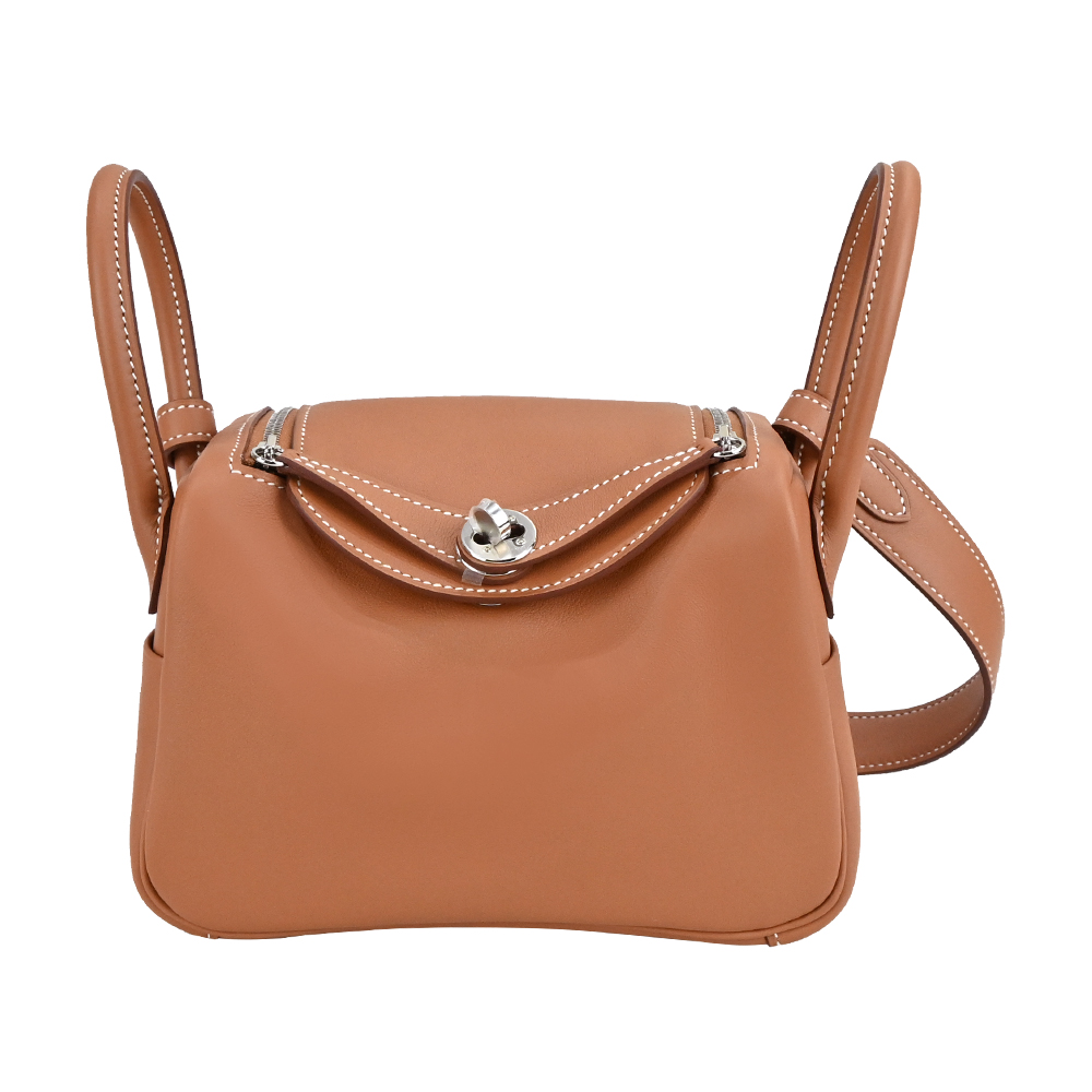 Hermes MINI Lindy Z刻 雙色Swift牛皮轉釦手提/肩背兩用包(AA金棕X琥珀黃/銀釦) - PChome 24h購物