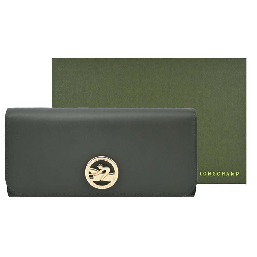 LONGCHAMP BOX-TROT系列小牛皮金屬LOGO翻蓋長夾(卡其綠) - PChome 24h購物