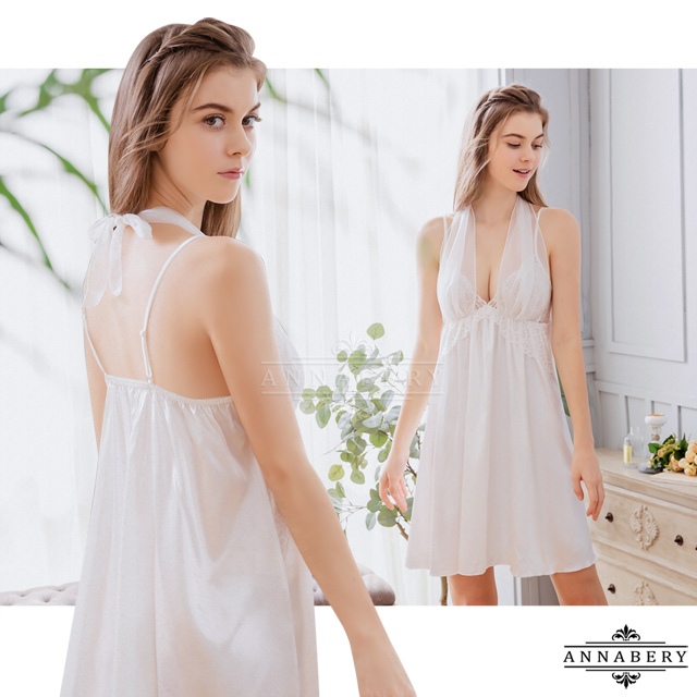 【Annabery】大尺碼 質感純白深V緞面兩穿禮服式連身性感睡裙 - PChome 24h購物