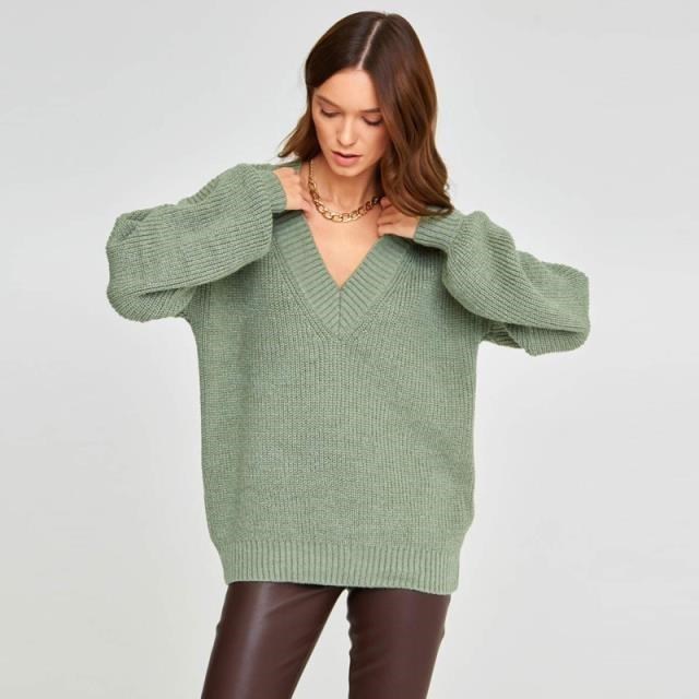 《D'Fina 時尚女裝》 歐美時尚潮流V領寬鬆針織衫上衣 - PChome 24h購物