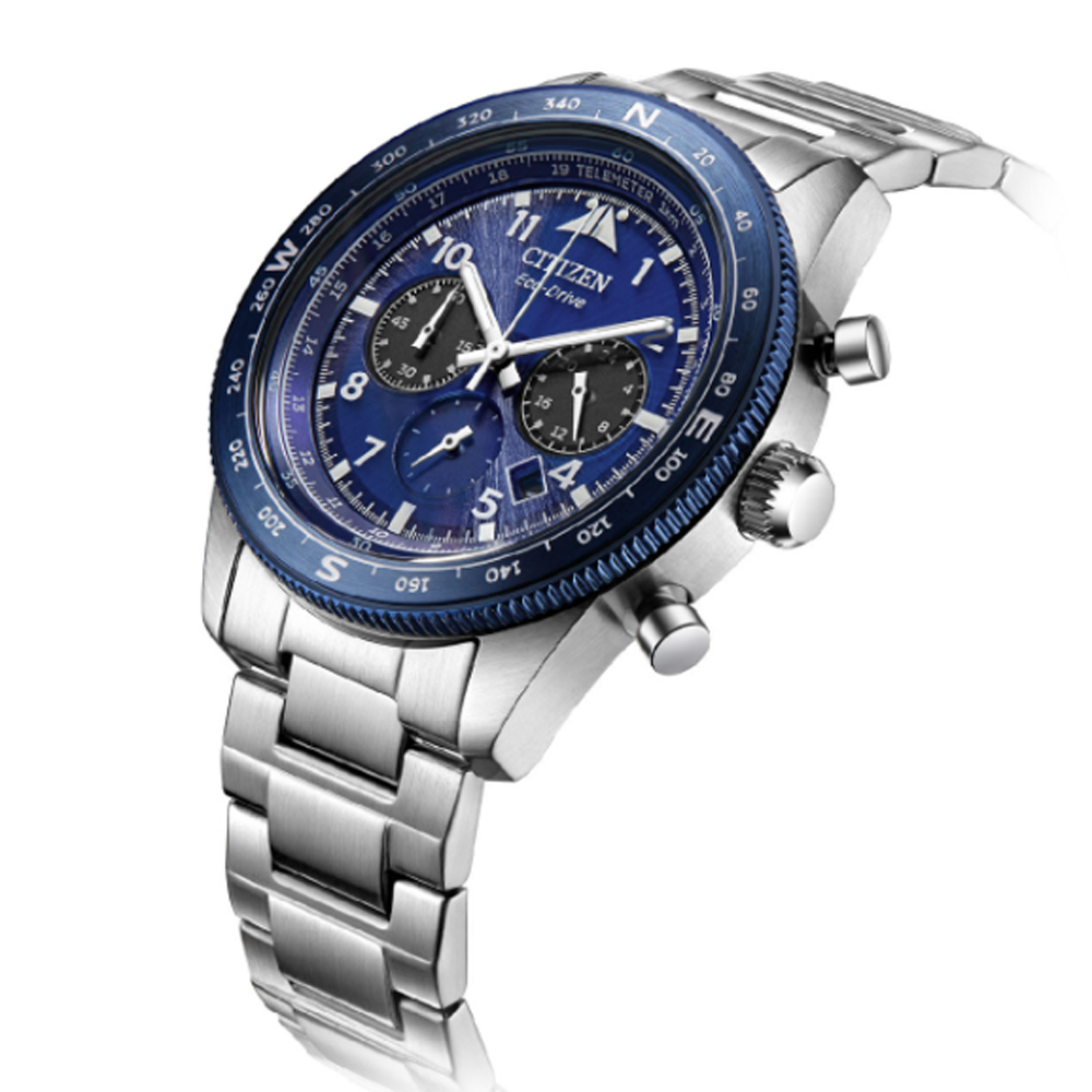 CITIZEN 星辰 Chronograph 光動能 碼錶計時三眼不鏽鋼腕錶-藍43mm(CA4554-84L 防水100米 ...