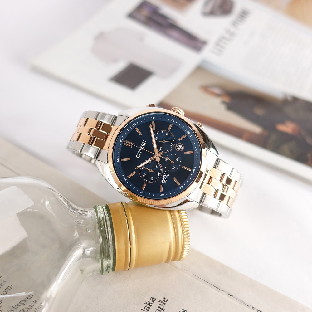 CITIZEN 星辰表 / AN8216-50L / 經典商務 三眼計時 日期 不鏽鋼手錶 藍x鍍玫瑰金 42mm - PChome 24h購物