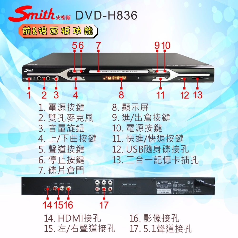 HDMI數位影音光碟機/AV5.1聲道DVD光碟機 DVD-H836 - PChome 24h購物