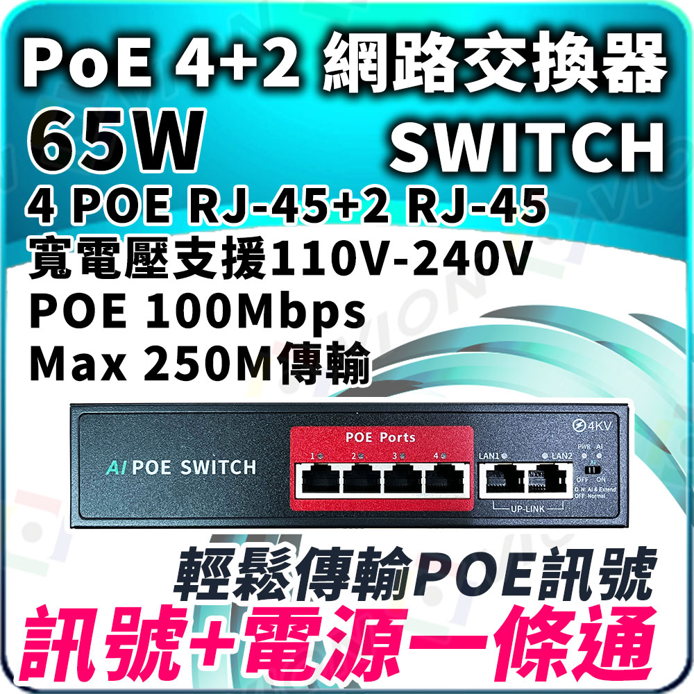 POE 4+2 網路交換器 Switch 65W 100 Mbps Max 250M AI - PChome 24h購物