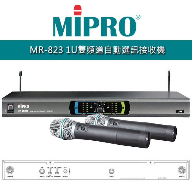 MIPRO 嘉強 MR-823 1U雙頻道UHF自動選訊無線麥克風 - PChome 24h購物