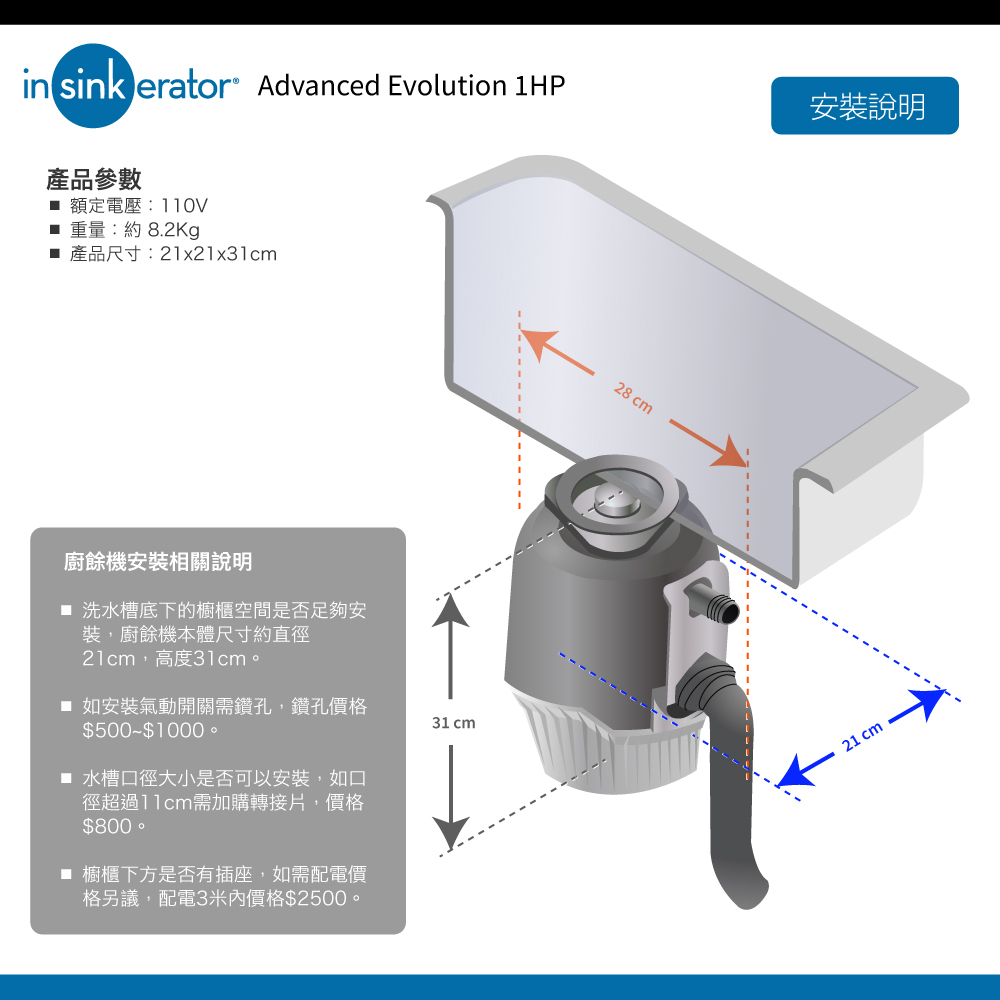 【美國Insinkerator】Advanced Evolution 1HP 廚餘機 鐵胃 食物處理機(兩年保固) - PChome 24h購物