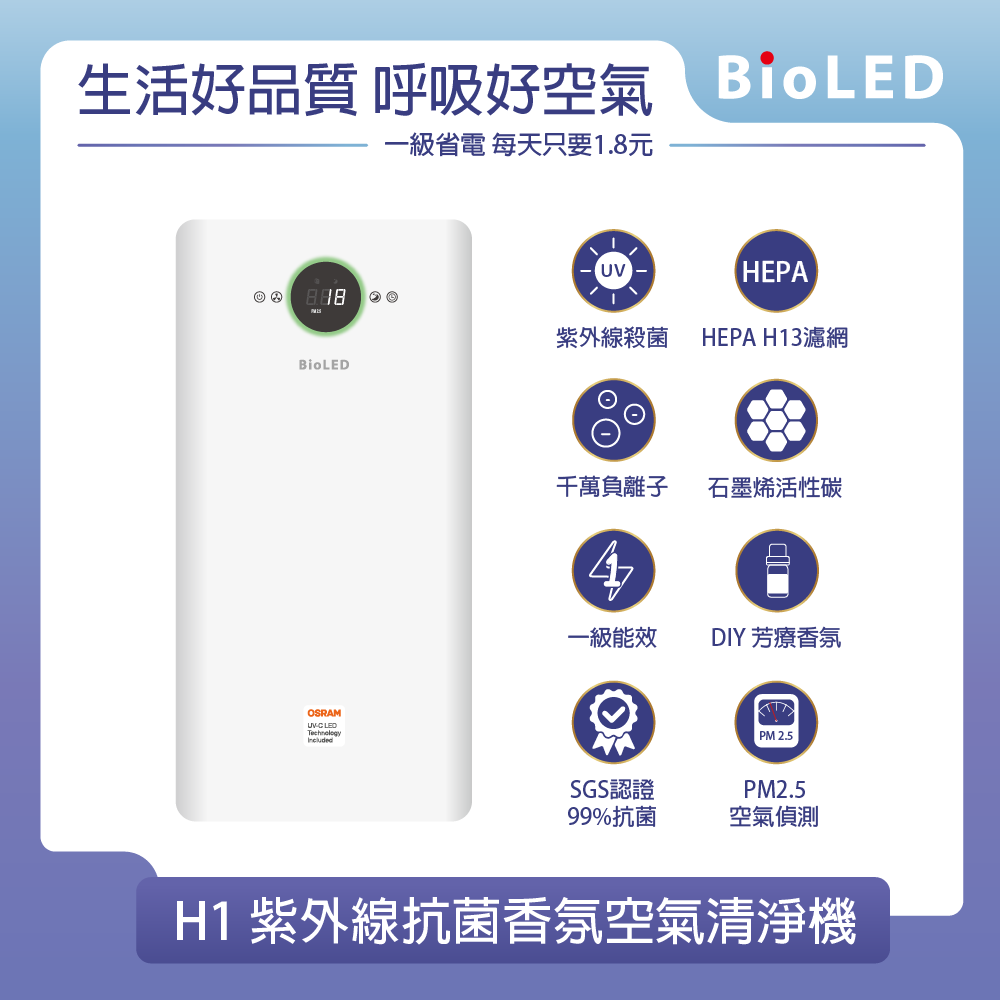 【BioLED百歐立】 H1紫外線香氛空氣清淨機OSRAM 歐司朗UVC抗菌技術 - PChome 24h購物