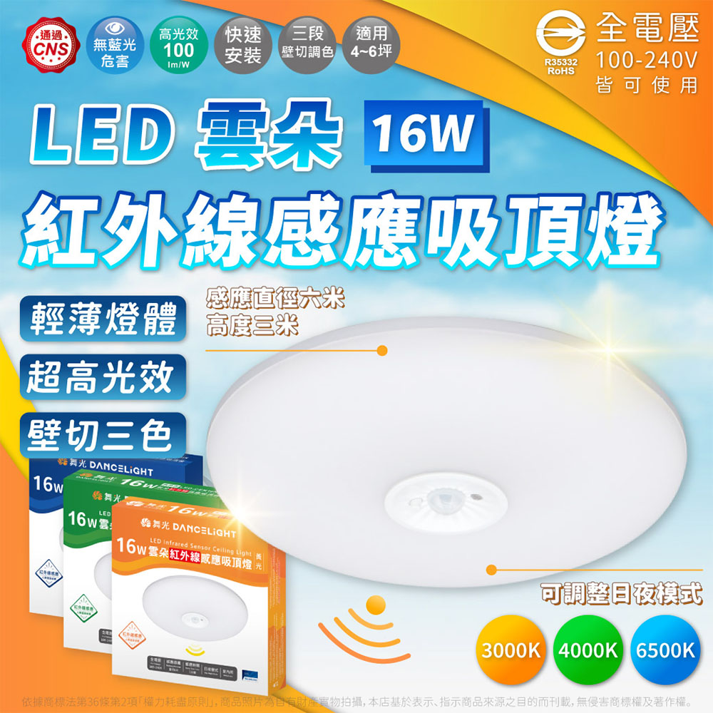DanceLight 舞光 LED 16W 紅外線感應 吸頂燈 雲朵吸頂燈 輕薄45mm 黃光/自然光/白光 - PChome 24h購物