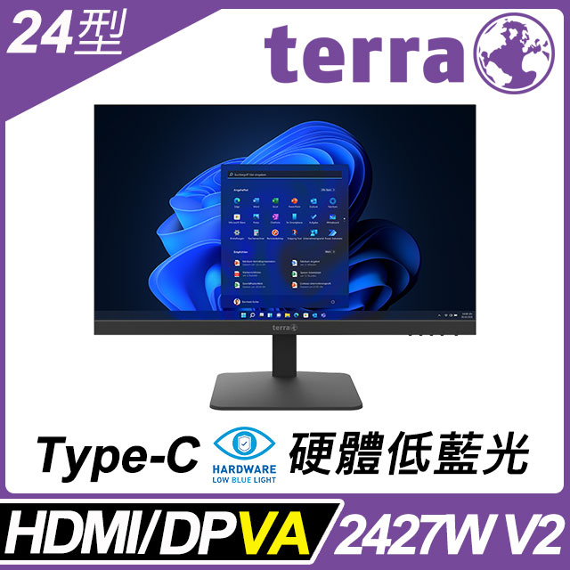 Terra 2427W V2 護眼窄邊螢幕(24型/FHD/HDMI/DP/喇叭/VA/Type-C) - PChome 24h購物