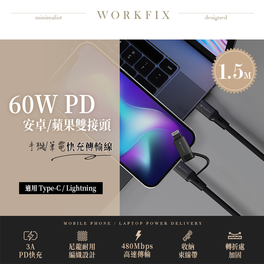 【WorkFix 渥克斯】60W PD Lightning/Type-C 2合一 編織數據傳輸快充充電線(1.5M) - PChome 24h購物