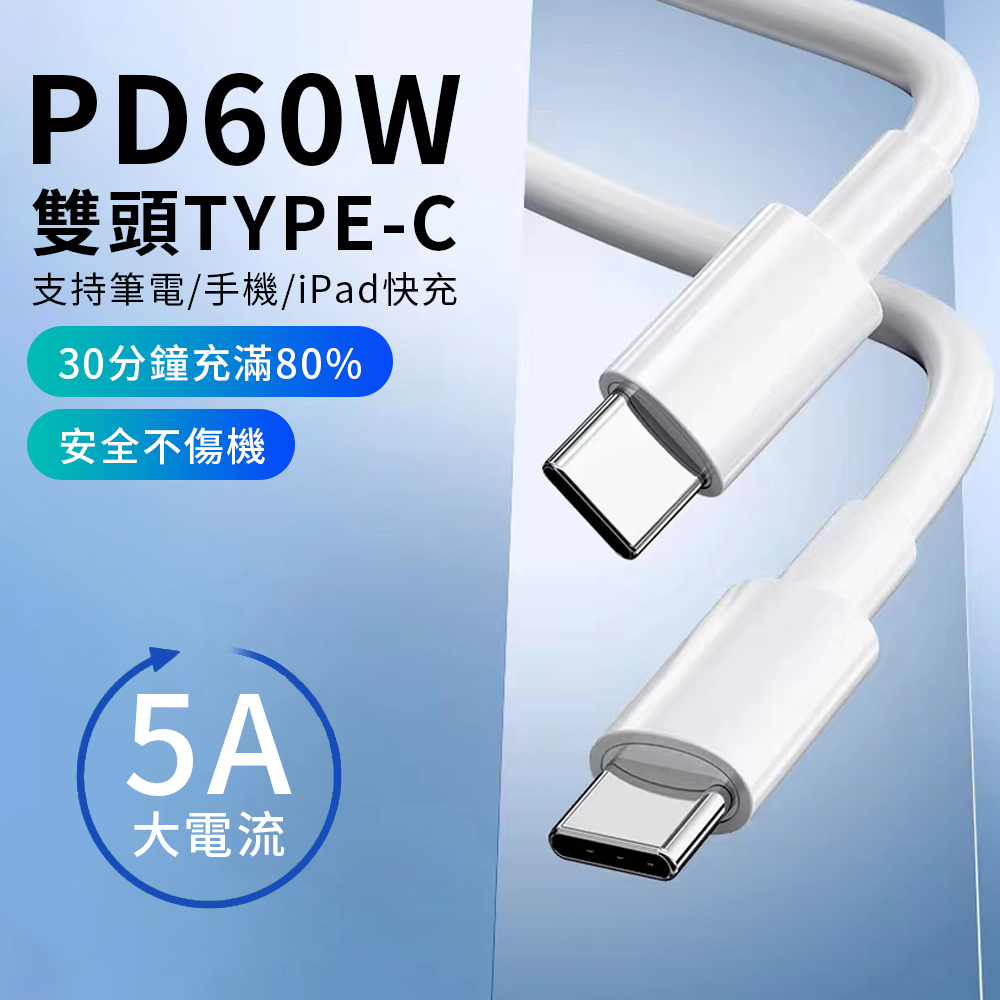 哥特斯 Type-C To Type-C PD 60W高速手機傳輸充電線 5A快充線 1M (支援安卓/iPhone15系列)-白色 - PChome 24h購物