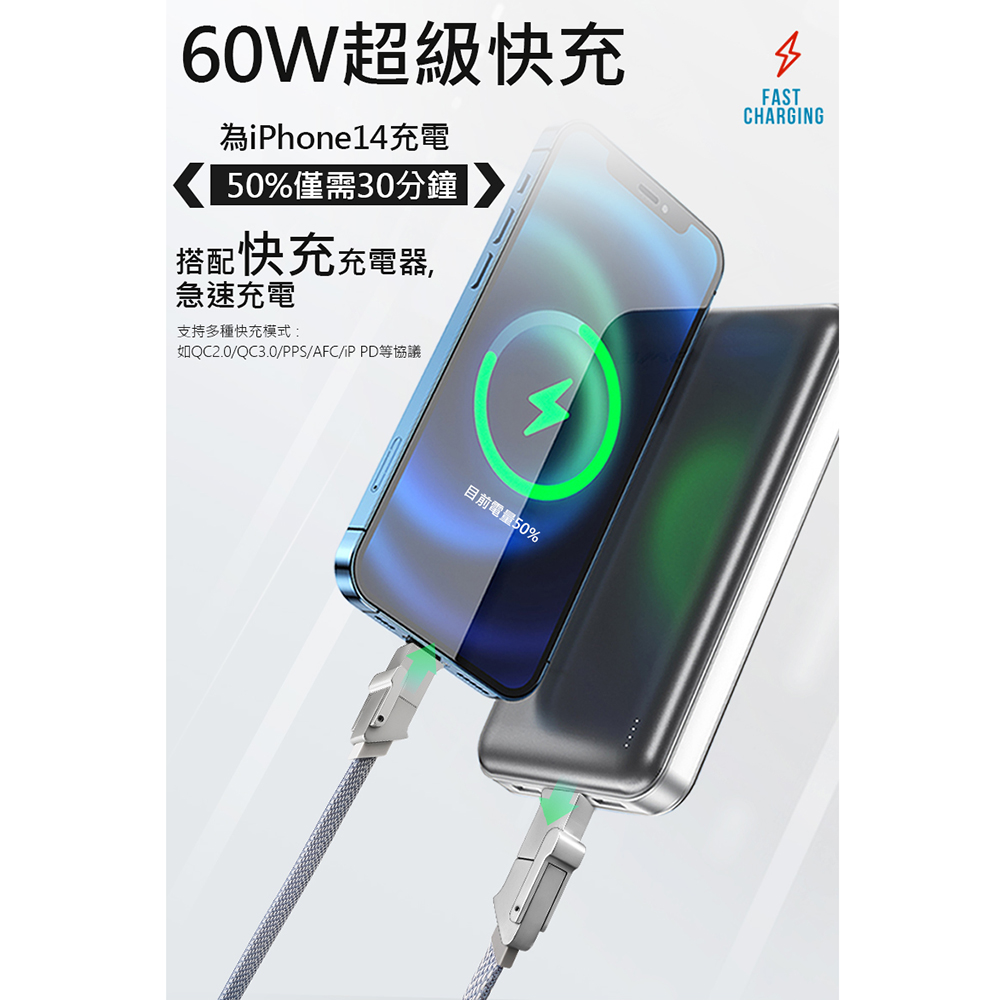四合一 60W鋅合金PD充電線/傳輸線-100cm Type-C/Lightning 一線四頭 - PChome 24h購物